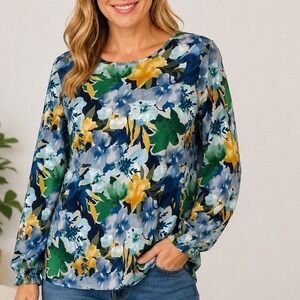 Chico's | Tops | Chicos Floral Long Sleeve Cotton Top Blue Green Yellow ...